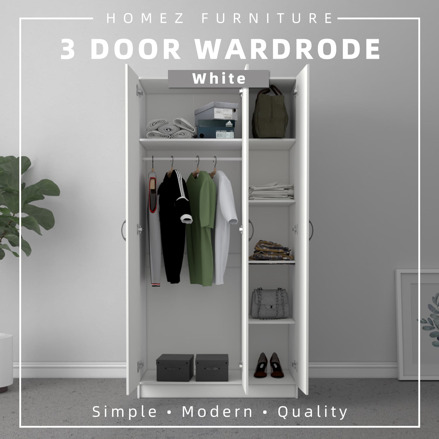 Homez 3 / 2 Door Wooden Wardrobe Cabinet Storage Multi Purpose Functio ...